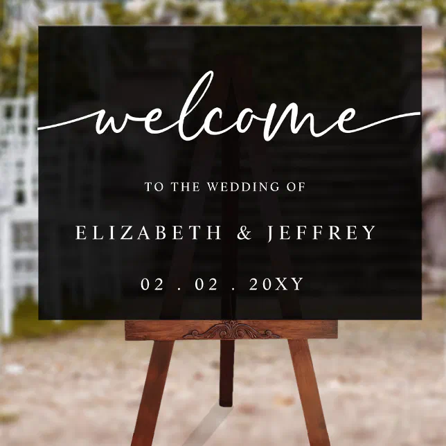 Black Modern Script White Wedding Welcome Sign | Zazzle