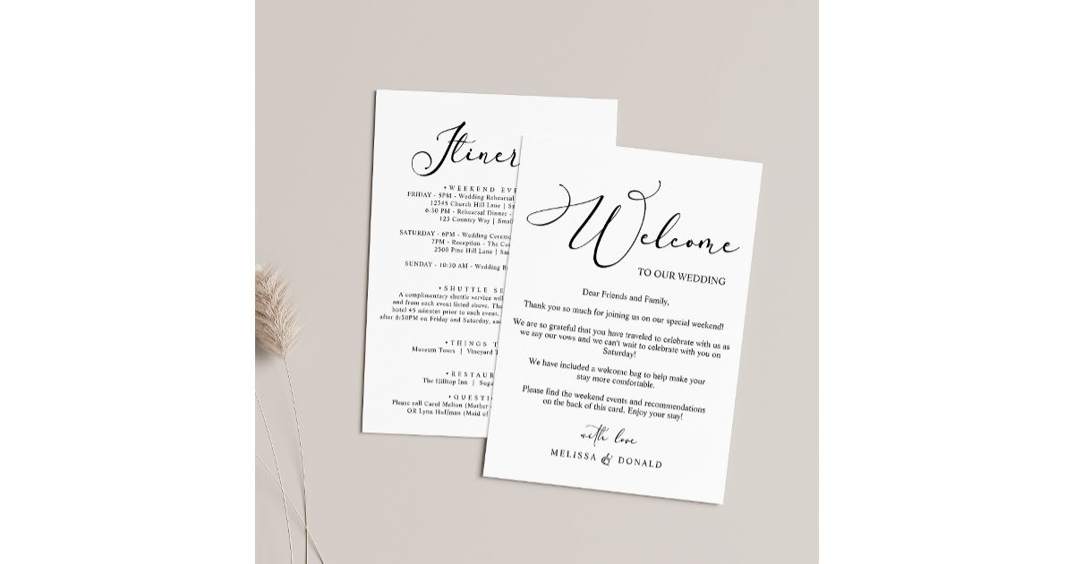 Black Modern Simple Welcome Letter & Itinerary Note Card | Zazzle