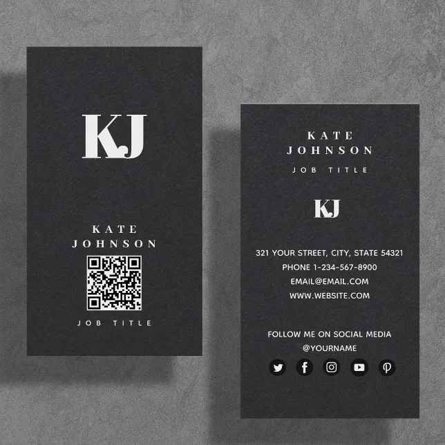 Black Modern Solid Monogram Initials QR Code Business Card | Zazzle