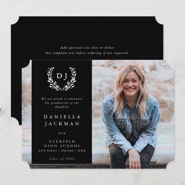 Black Monogram Laurel Wreath Graduation Photo Announcement | Zazzle.com