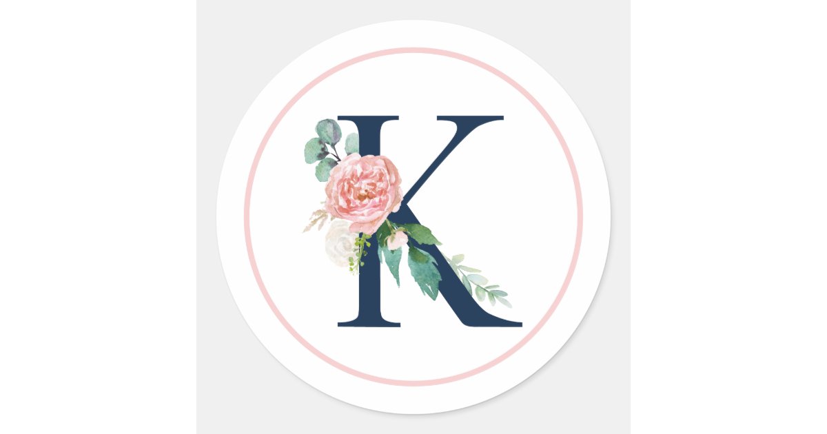 Black Monogram Letter K with Pink Flower Classic Round Sticker | Zazzle