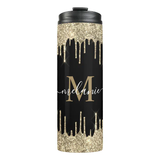Black Monogram Script Name Gold Glitter Drip Thermal Tumbler | Zazzle