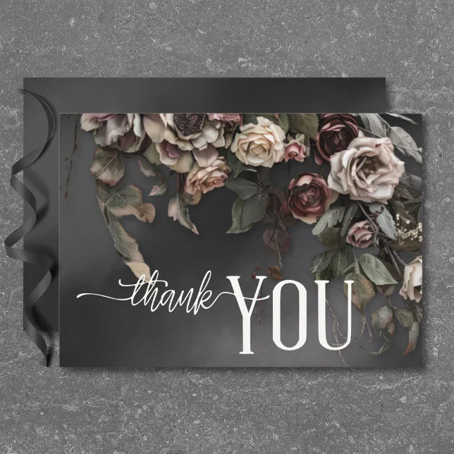 Black Moody Gothic Flowers & Mist Wedding Thank You Card | Zazzle