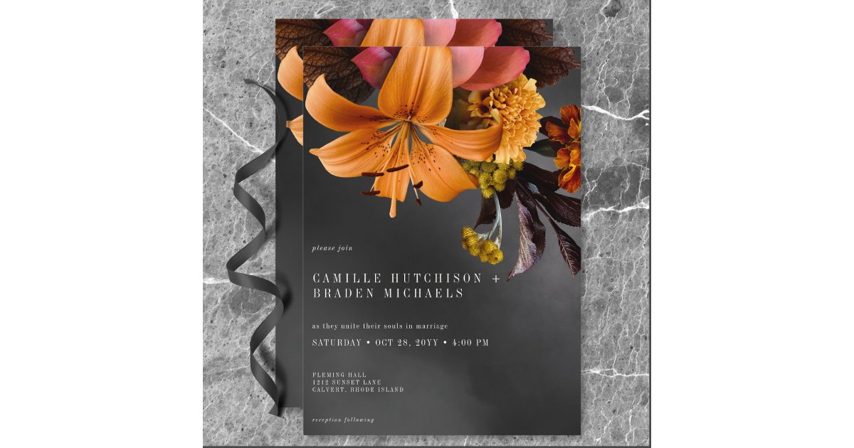 Black Moody Gothic Orange Lily Wedding Invitation | Zazzle