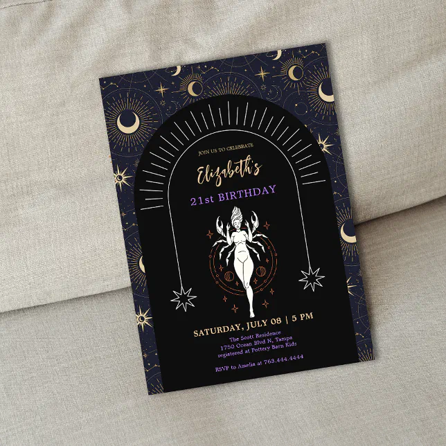 Black Mystic Cancer Zodiac 21st Birthday Invitation | Zazzle
