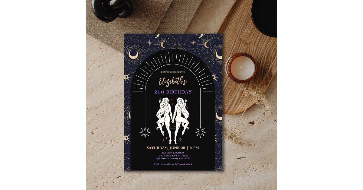 Black Mystic Gemini Zodiac 21st Birthday Invitation | Zazzle