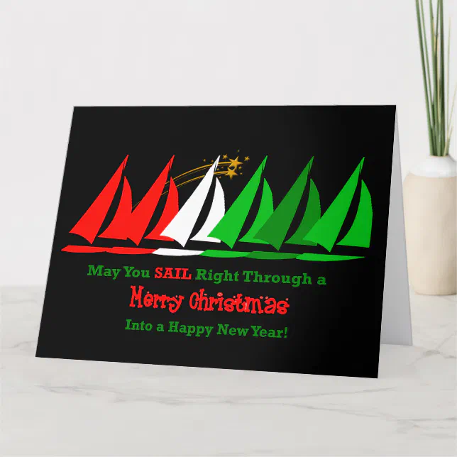 Black Nautical Christmas Card with Sailboats | Zazzle