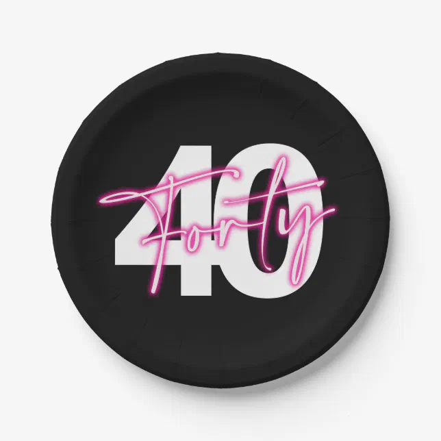 Black Neon Pink Forty 40th Birthday Paper Plates | Zazzle