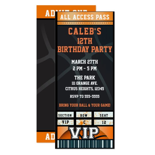 Black Orange Basketball Birthday Party VIP Ticket Invitation | Zazzle.com