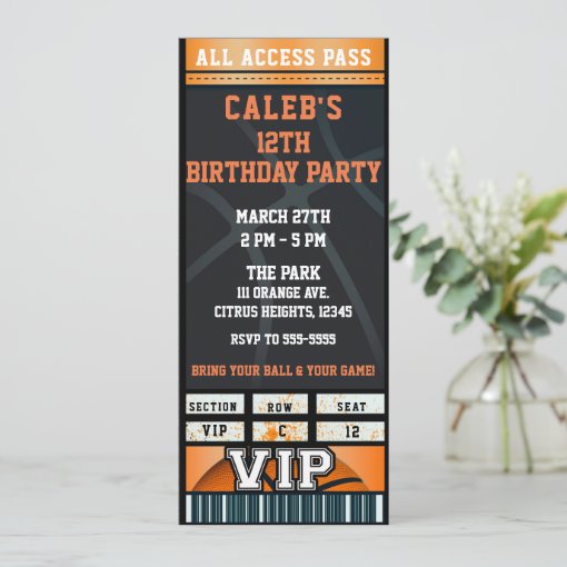Black Orange Basketball Birthday Party VIP Ticket Invitation | Zazzle