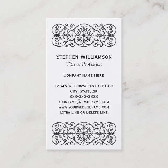 Black Ornamental Scroll Wrought Iron Professional Business Card | Zazzle