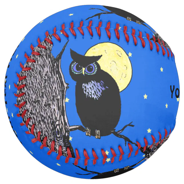 Black Owl Big Blue eyes Tree Moon Stars Softball | Zazzle