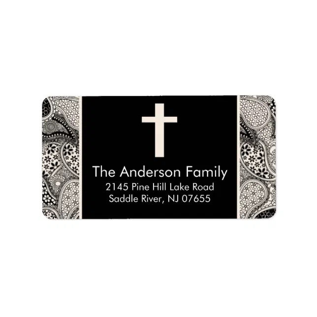 Black Paisley Cross Religious address Label | Zazzle