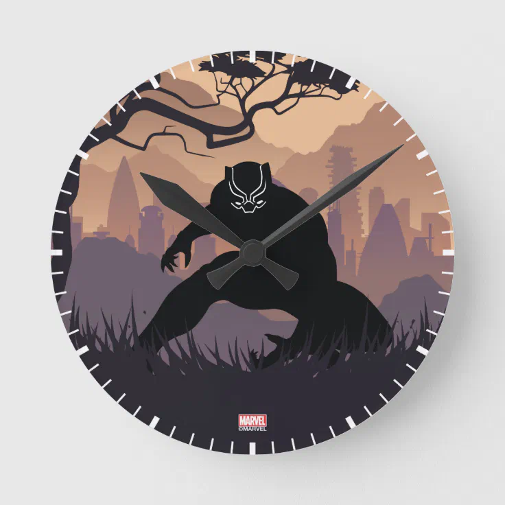 Black Panther Heroic Silhouette Round Clock | Zazzle