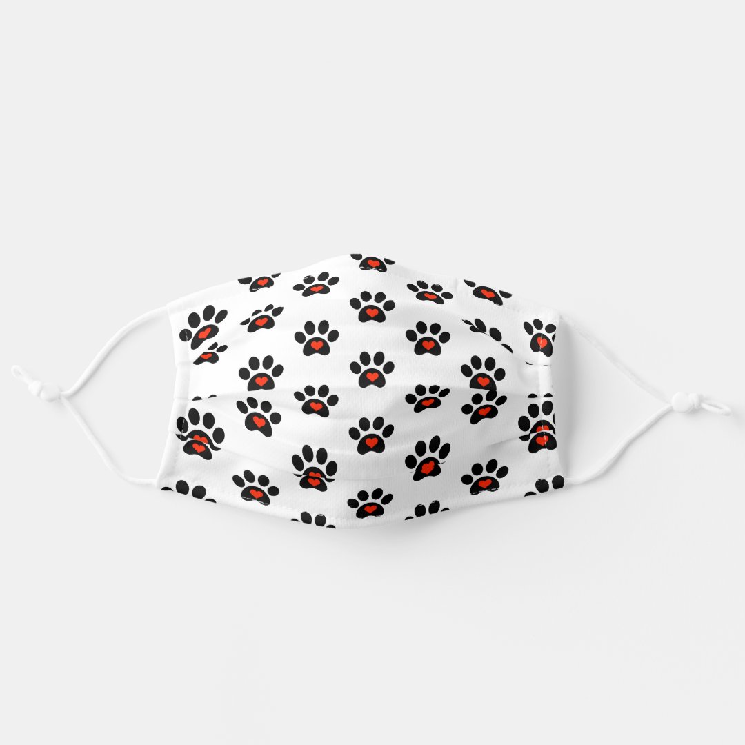 Black Paw Print With Red Heart Pattern Adult Cloth Face Mask | Zazzle