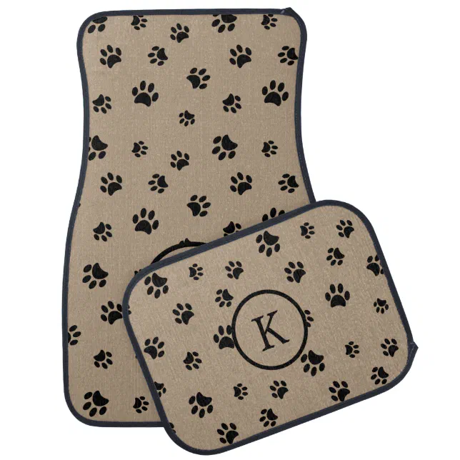 Black Paw Prints Pattern Monogram Beige Car Floor Mat | Zazzle
