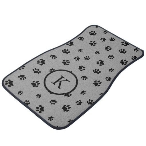 Black Paw Prints Pattern Monogram Gray Car Floor Mat | Zazzle