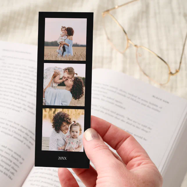 Black Personalized 3 Square Photos and text Bookmarks | Zazzle