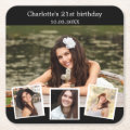 Black photo collage birthday party square paper coaster | Zazzle
