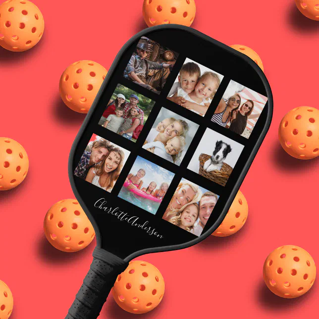 Black photo collage family name sciprt pickleball paddle | Zazzle