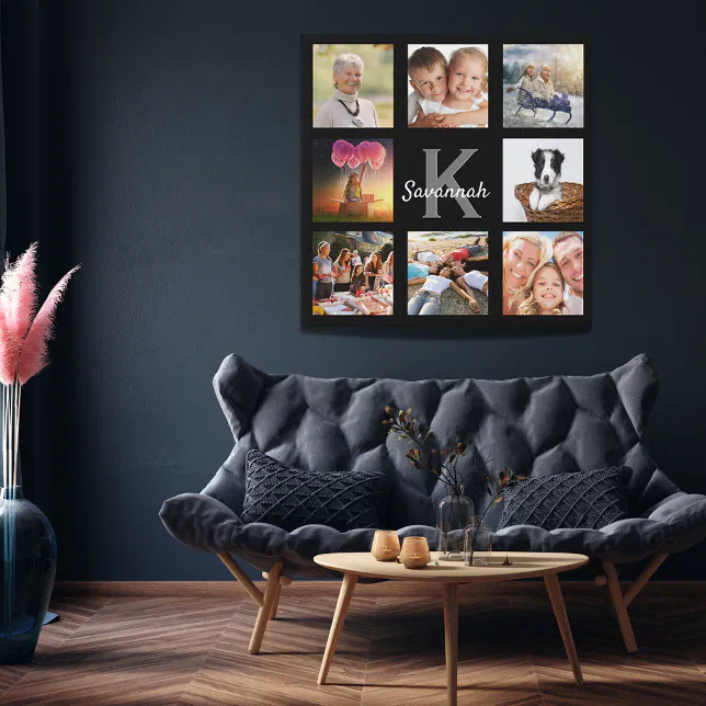 Black photo collage monogram name faux canvas print | Zazzle