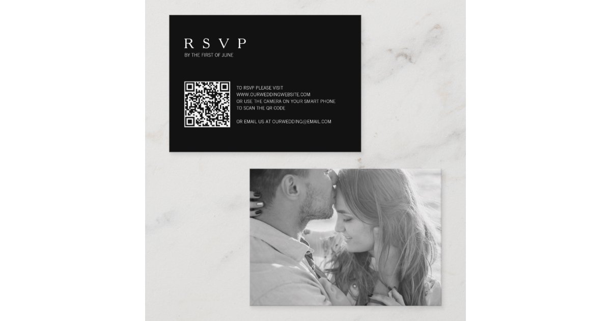 Black Photo QR Code Wedding Mini RSVP Card | Zazzle
