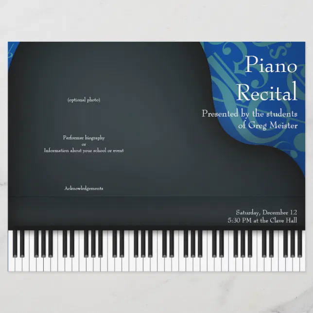 Black Piano on Blue Folded Recital Program | Zazzle