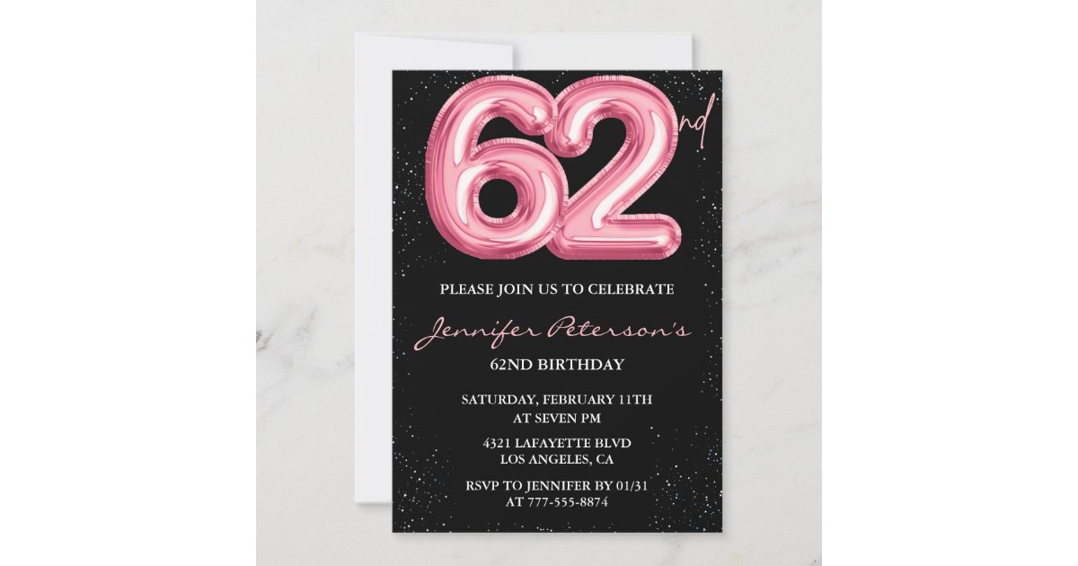 Black Pink Balloon Glam Glitter 62nd birthday Invitation | Zazzle