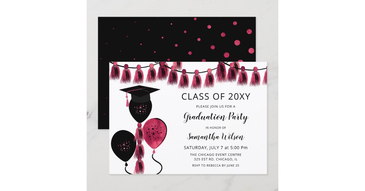 Black Pink Balloons Grad Hat Graduation Party Invitation | Zazzle