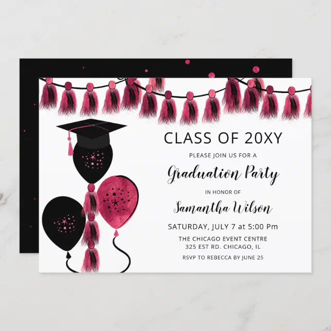 Black Pink Balloons Grad Hat Graduation Party Invitation | Zazzle