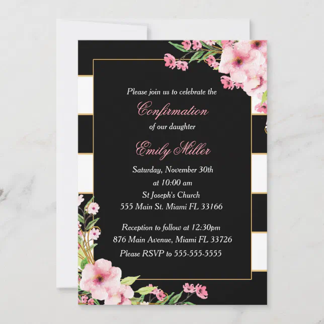 Black Pink Floral Girl Confirmation Invitation | Zazzle