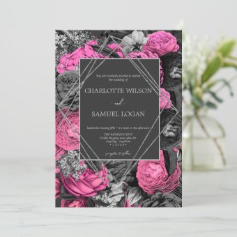 Black Pink Floral | Modern Chic Floral Wedding Inv Invitation | Zazzle