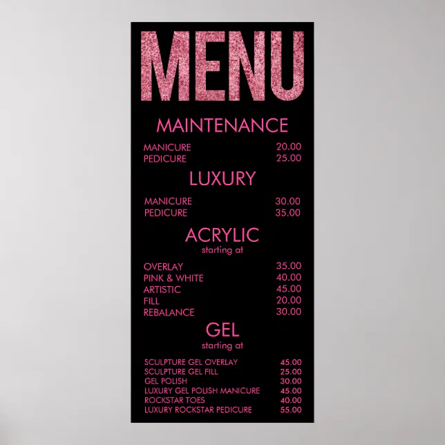 Black & Pink Glitter Salon Menu Wall Poster | Zazzle