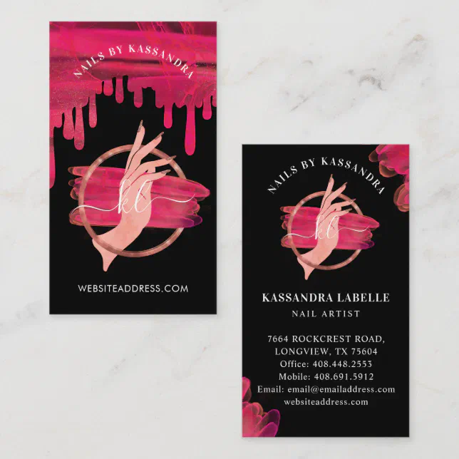 Black Pink Nail Art Manicure Salon Script Monogram Business Card | Zazzle