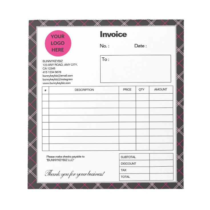 Black Pink Plaid Company Business Shop Invoice Notepad | Zazzle