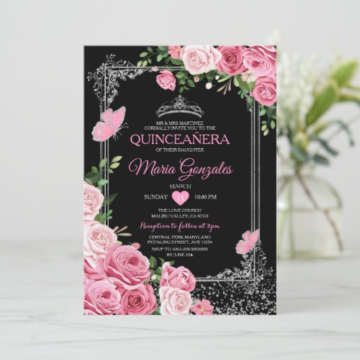 Black Pink Quinceañera Crown Butterfly 15 Anos Invitation | Zazzle