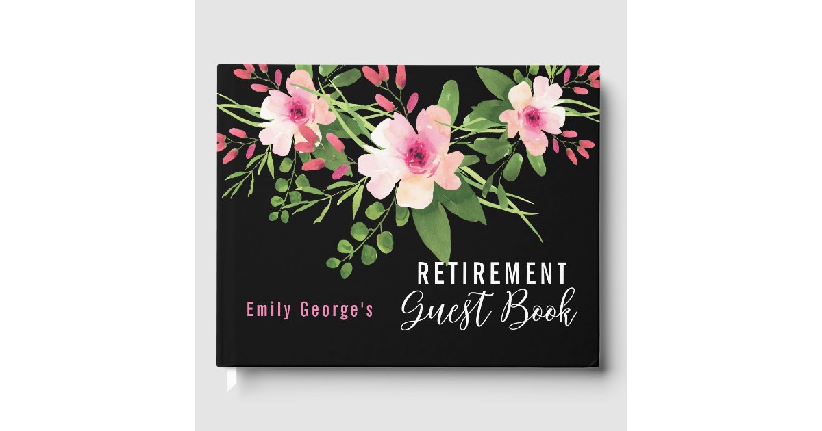 Black Pink Watercolor Floral Retirement Party Guest Book | Zazzle
