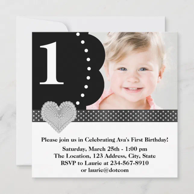 Black Polka Dot Girls Photo 1st Birthday Party Invitation | Zazzle