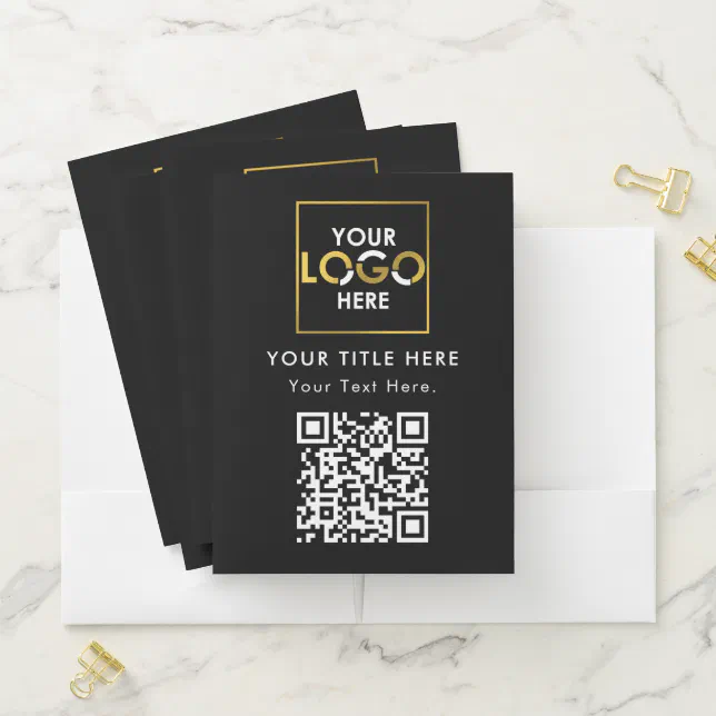 Black Promo Corporate Business Logo QR Code Pocket Folder | Zazzle