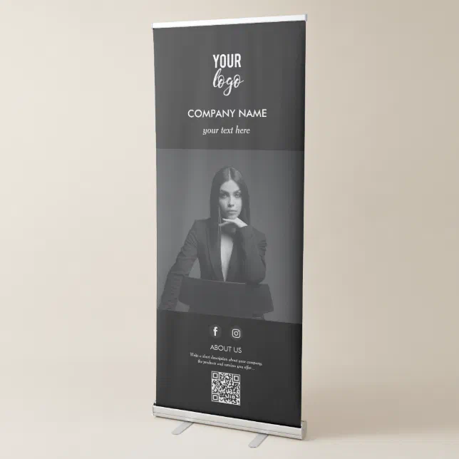 Black Promotional Business Photo QR Code Retractable Banner | Zazzle