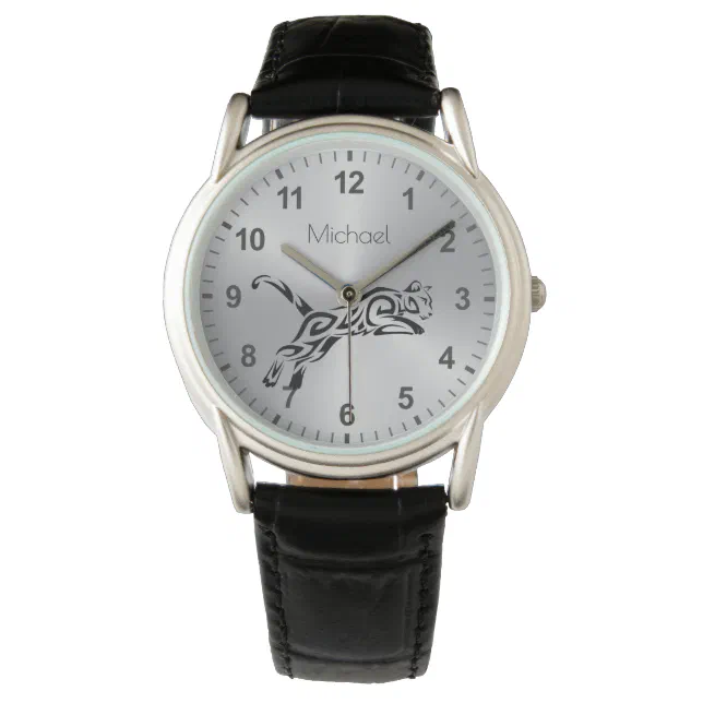 Black Puma Tribal Silver Monogram Numbers Watch | Zazzle