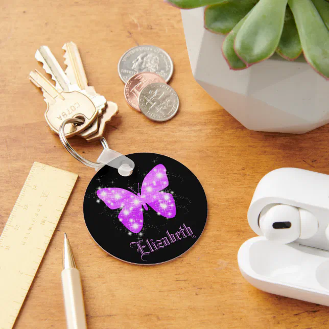 Black purple butterfly stars name keychain | Zazzle