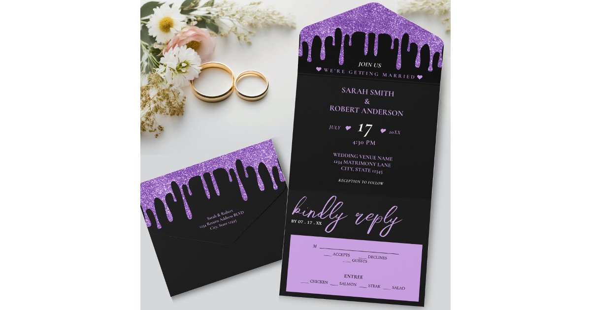 Black & Purple Glitter Drip Wedding All In One Invitation | Zazzle