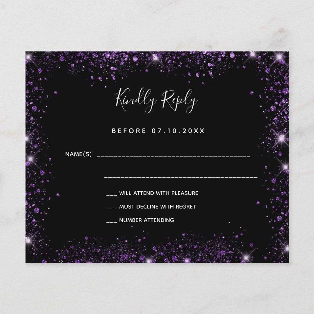 Black purple glitter elegant budget wedding RSVP Flyer | Zazzle