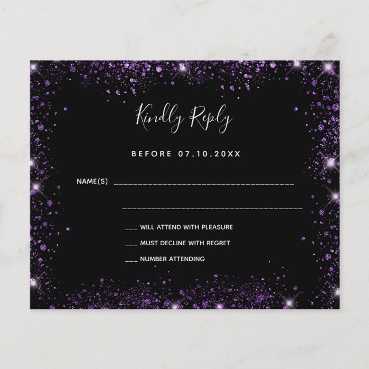 Black purple glitter elegant budget wedding RSVP Flyer | Zazzle