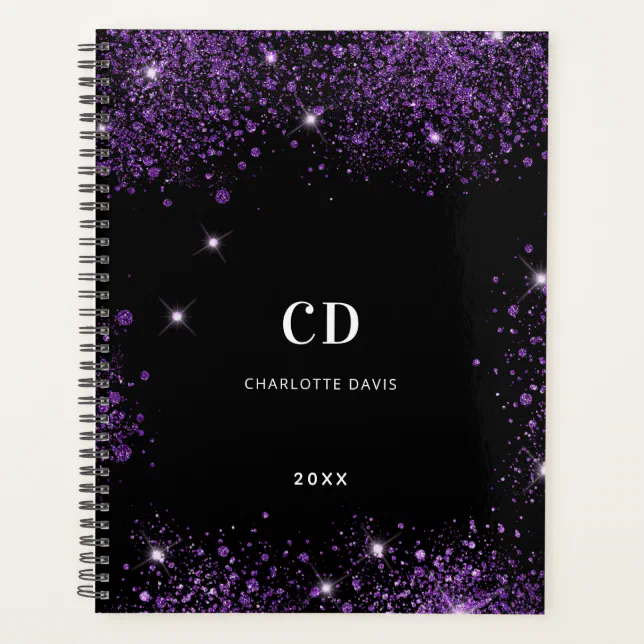 Black purple glitter monogram initials 2026 planner | Zazzle