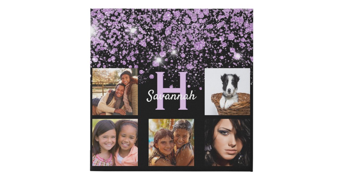 Black purple glitter photo collage faux canvas print | Zazzle