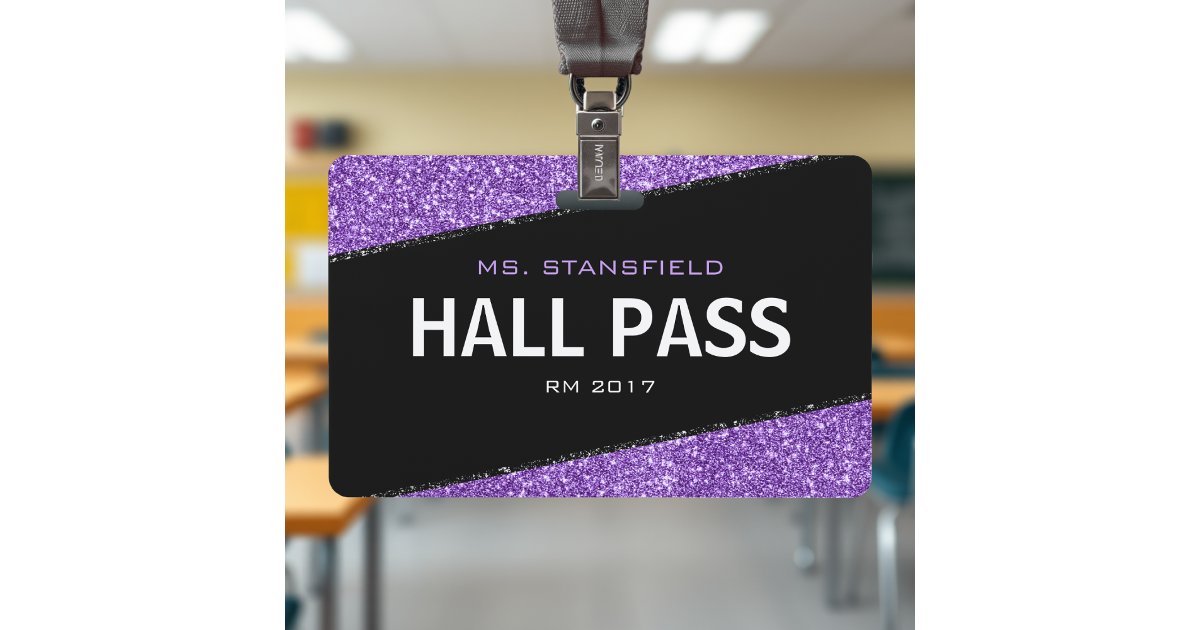 Black & Purple Glitter School Teacher Hall Pass Badge | Zazzle