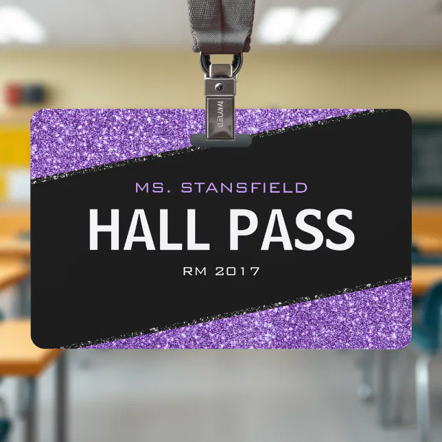 Black & Purple Glitter School Teacher Hall Pass Badge | Zazzle