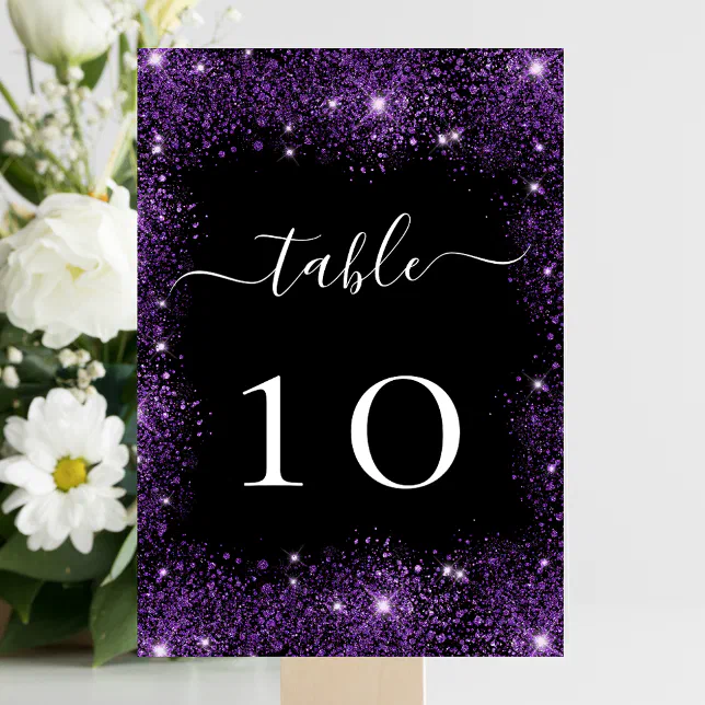 Black purple glitter sparkle wedding table number | Zazzle